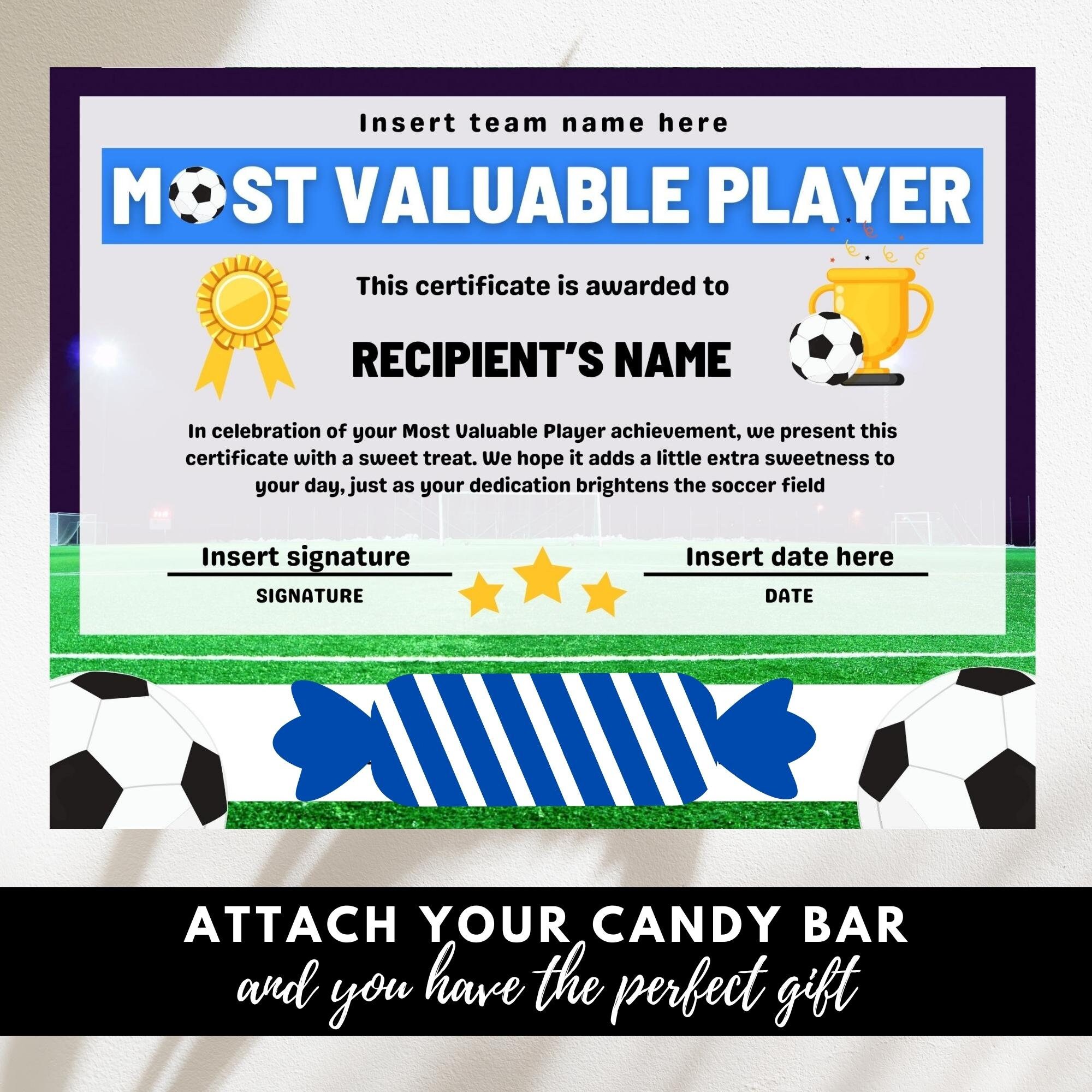 Soccer Candy Bar Sports Award Printable MVP Certificate - Etsy