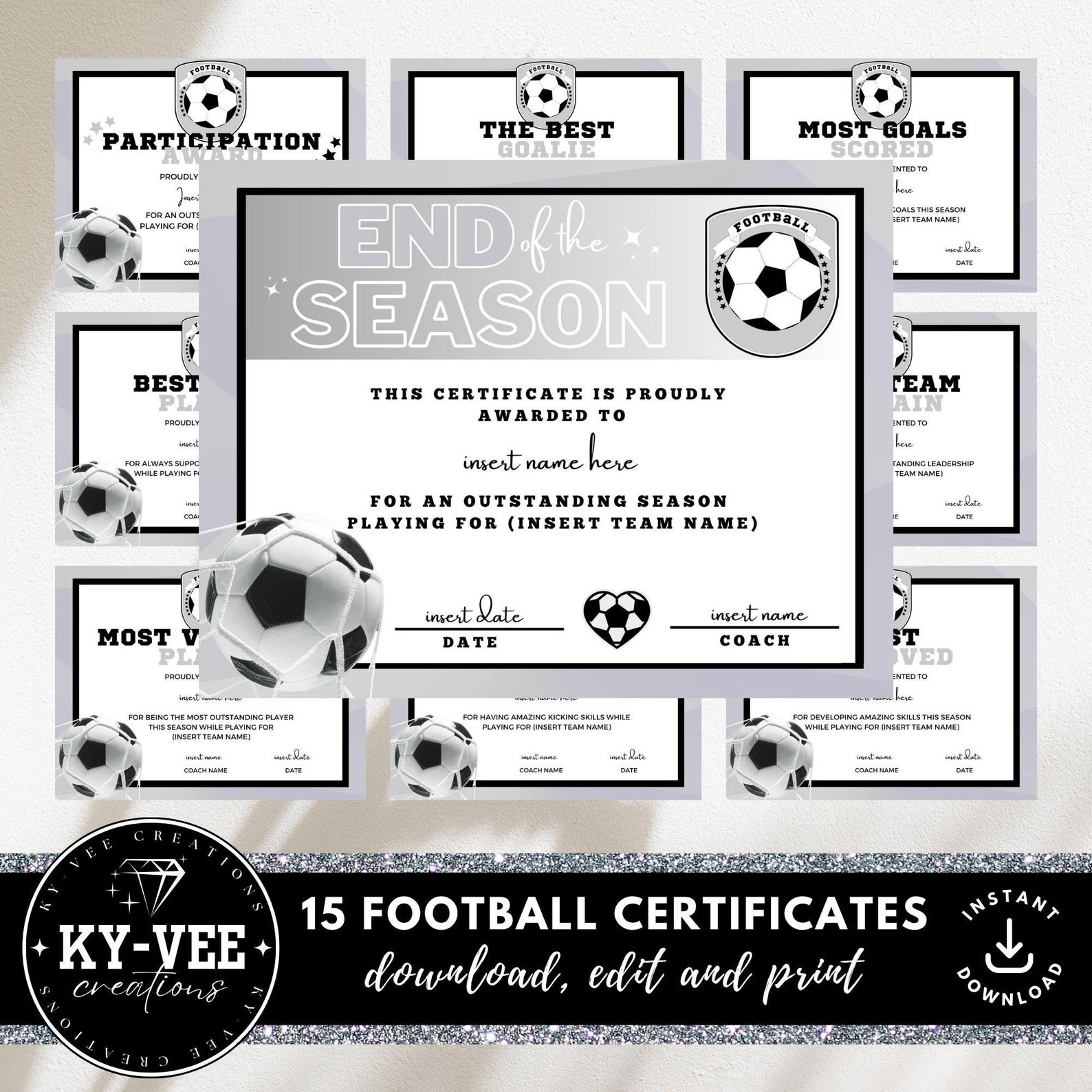 15 Printable Football Award Certificates INSTANT DOWNLOAD, Editable ...