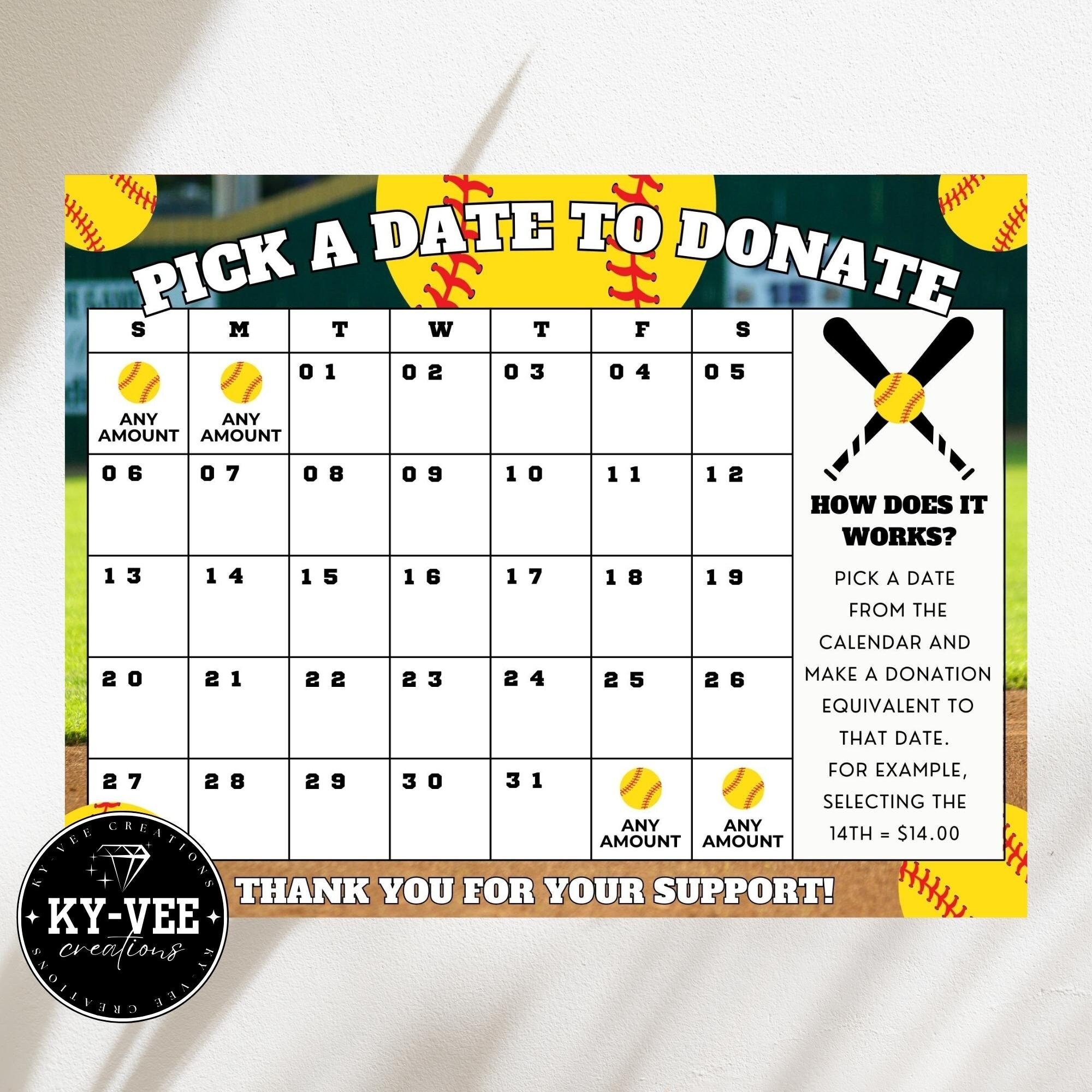 Pick a Date to Donate Softball Calendar, Printable Fundraiser, Pay the ...