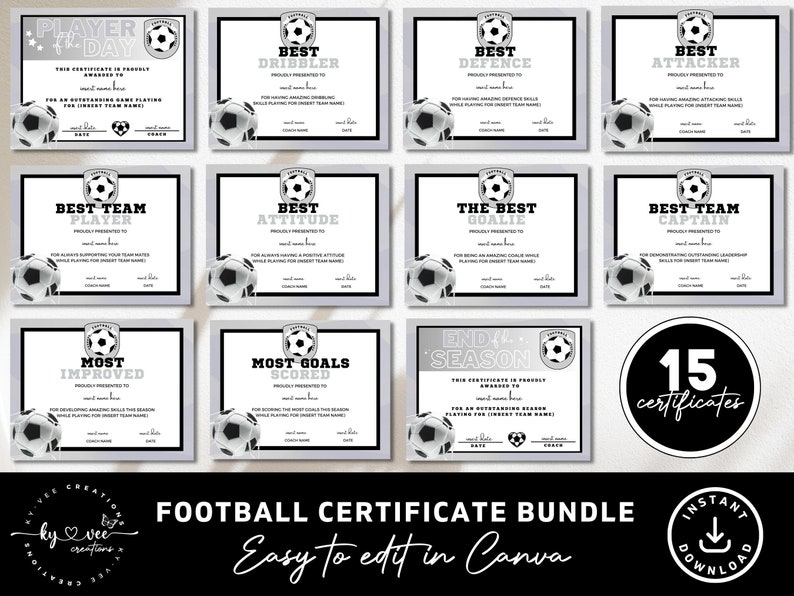 15 Printable Football Award Certificates INSTANT DOWNLOAD - Etsy