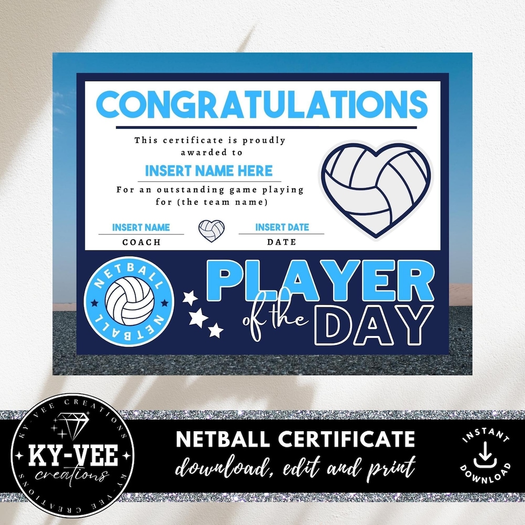 Netball Certificate Template, INSTANT DOWNLOAD, Printable Player of the ...