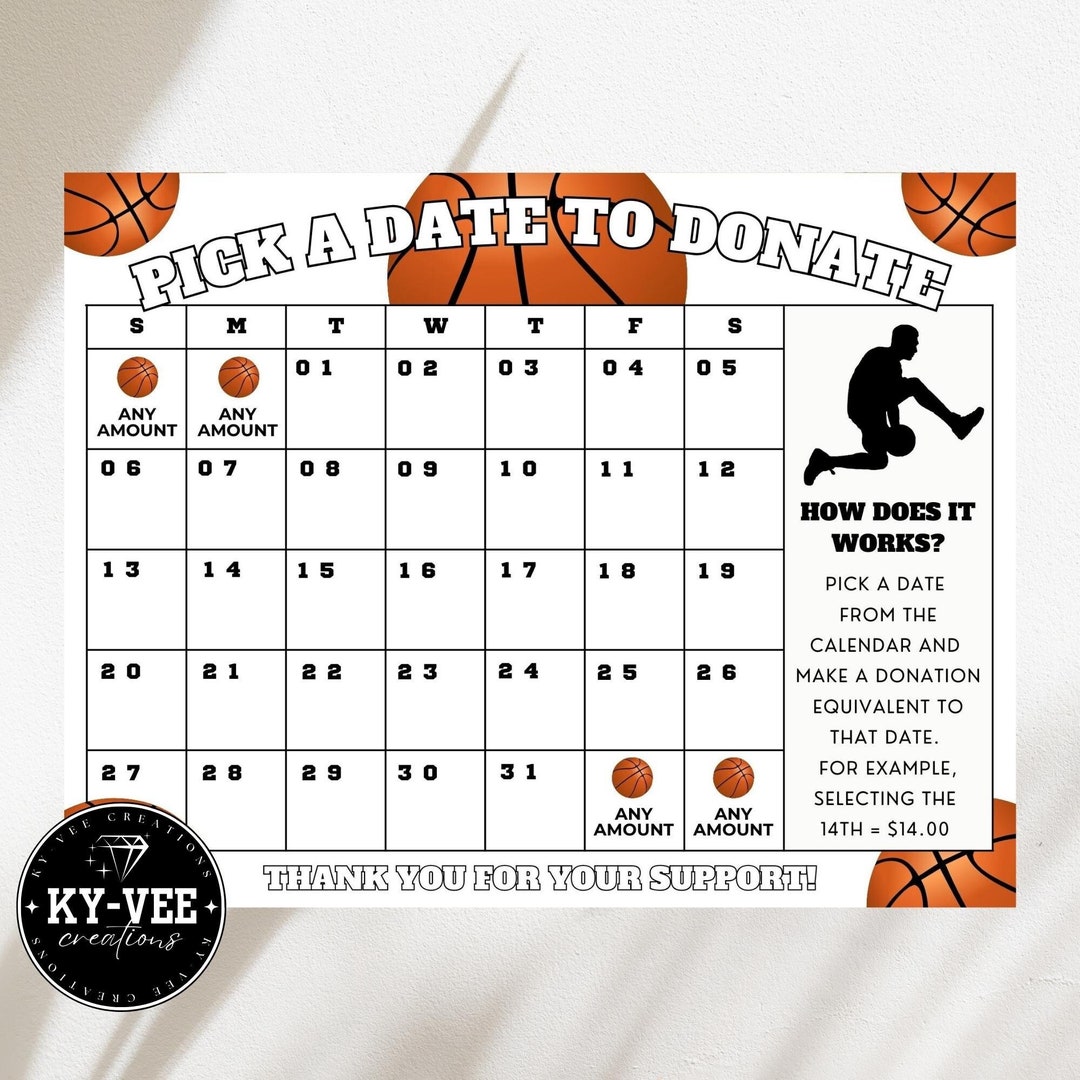 Pick a Date to Donate Basketball Calendar, Printable Fundraiser, Pay ...