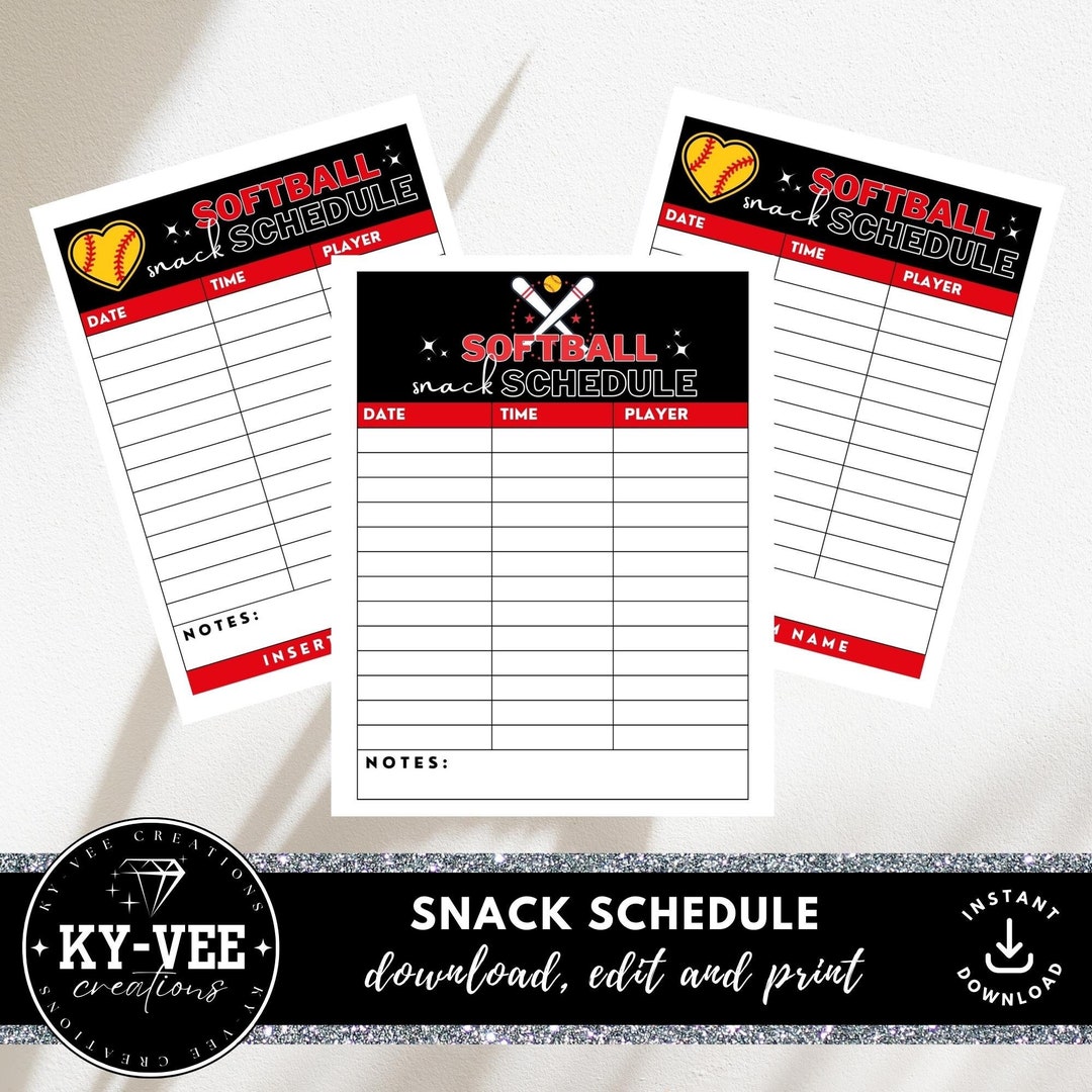Softball Schedule Template, INSTANT DOWNLOAD, Printable Snack Schedule ...