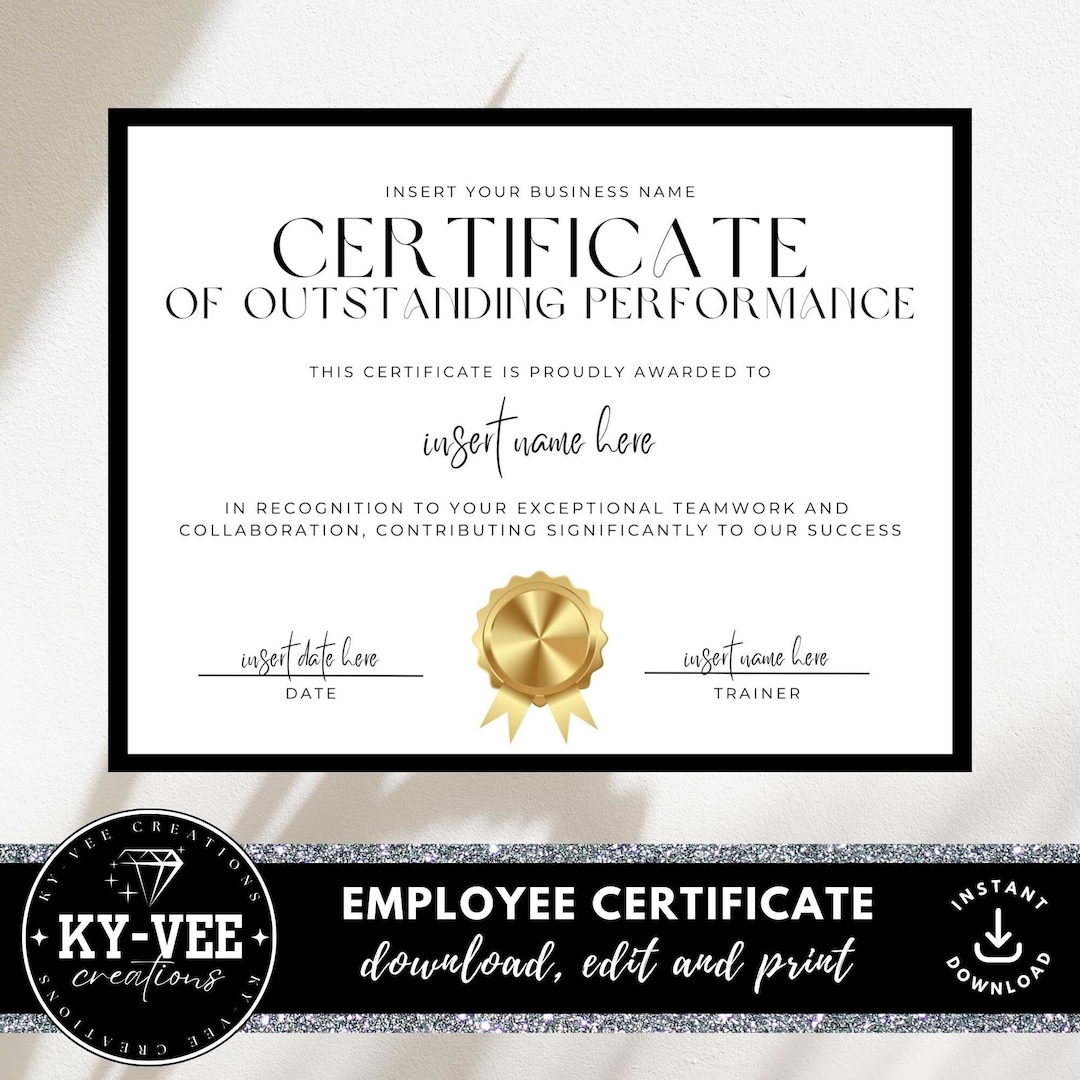 Template for Certificate of Outstanding Performance, Editable Employee ...