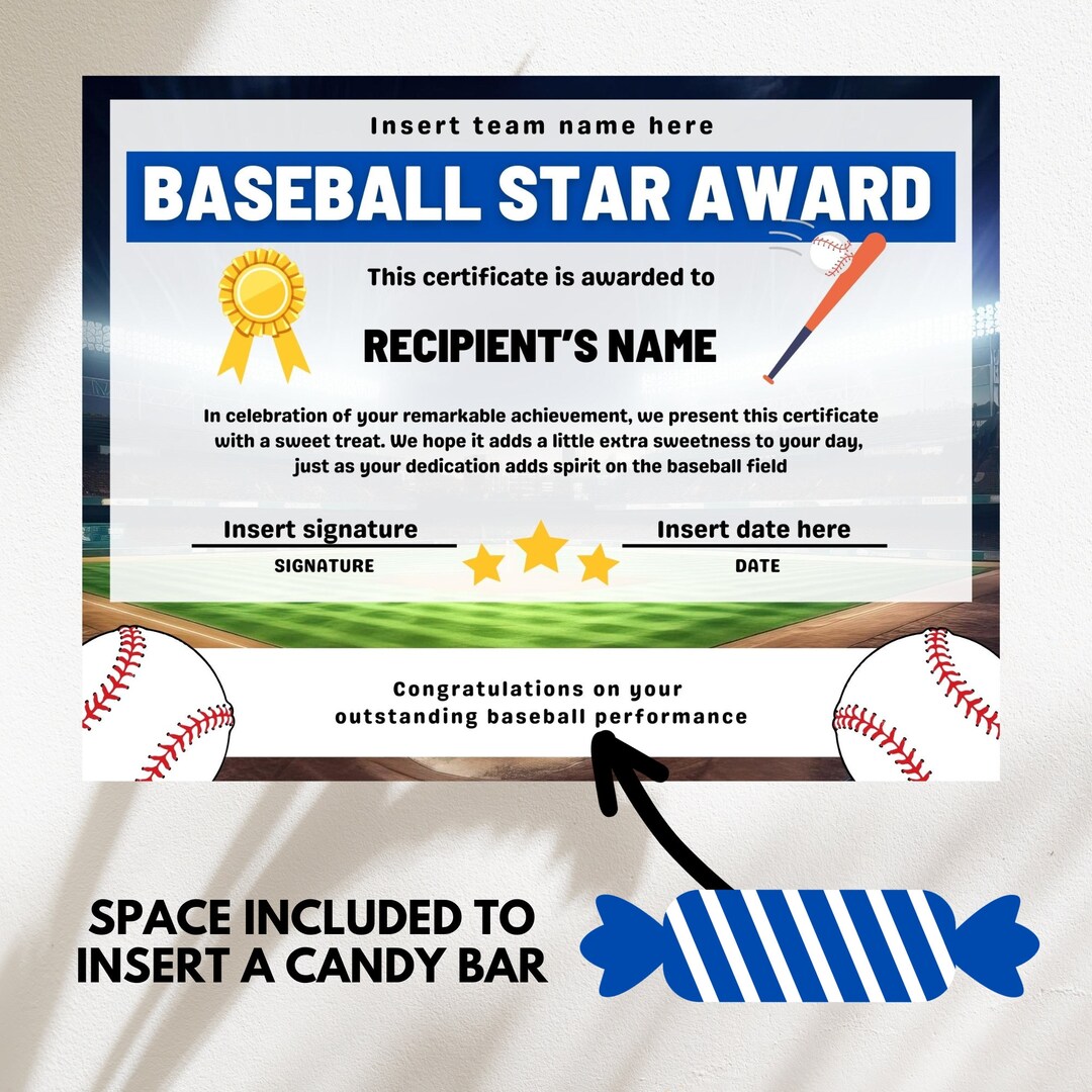 Baseball Award Certificate Template, Candy Bar Sports Award, Printable ...