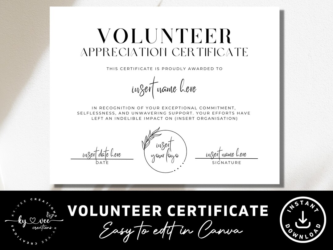 Printable Certificate of Appreciation for Volunteering - Etsy