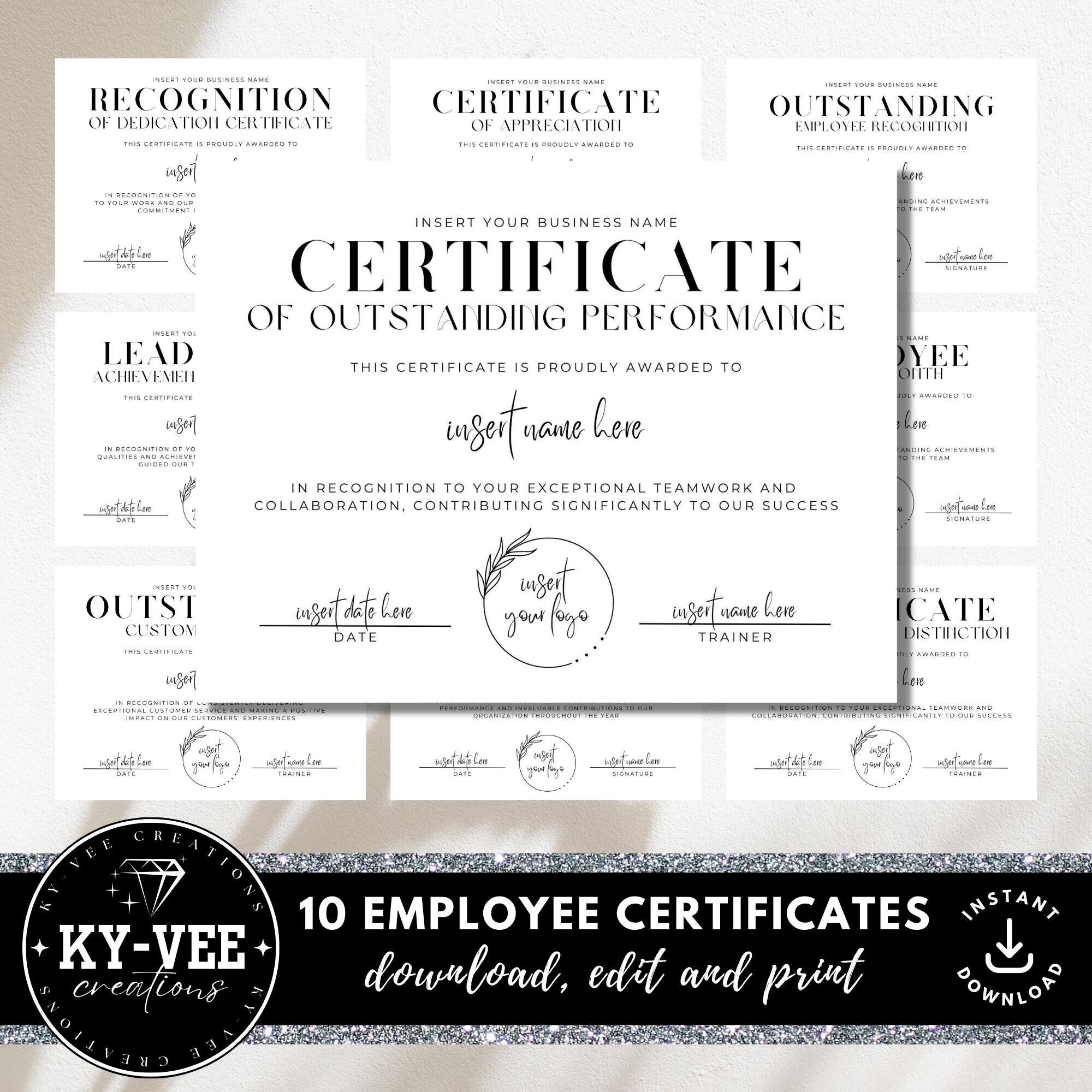 10 Employee Certificate Templates, INSTANT DOWNLOAD, Printable Awards ...