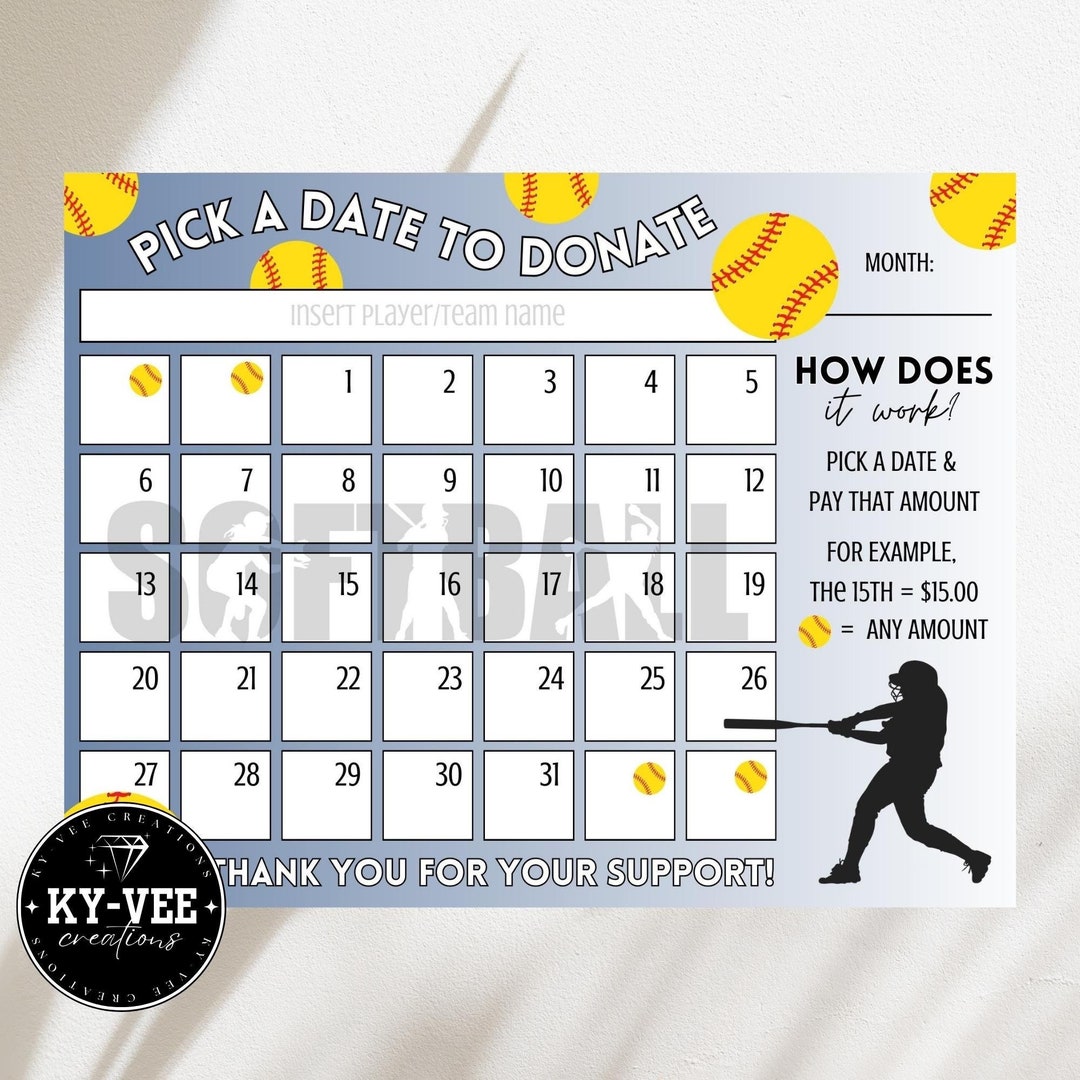 Pick a Date to Donate Softball Calendar, Printable Fundraiser, Pay the ...