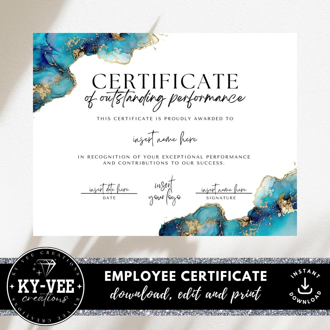Template for Certificate of Outstanding Performance, Editable Employee ...