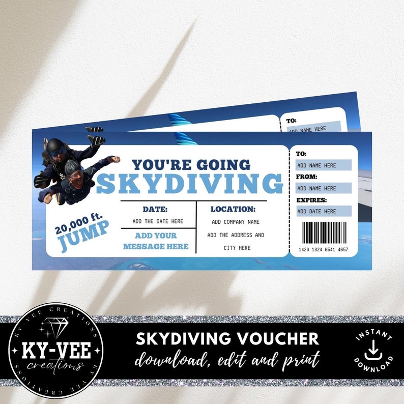 Skydiving Gift Certificate, INSTANT DOWNLOAD, Editable Skydiving Ticket ...