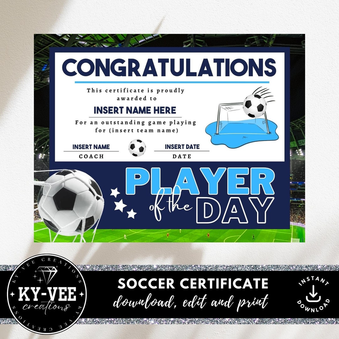 Soccer Player of the Day Certificate, INSTANT DOWNLOAD, Editable Sports ...