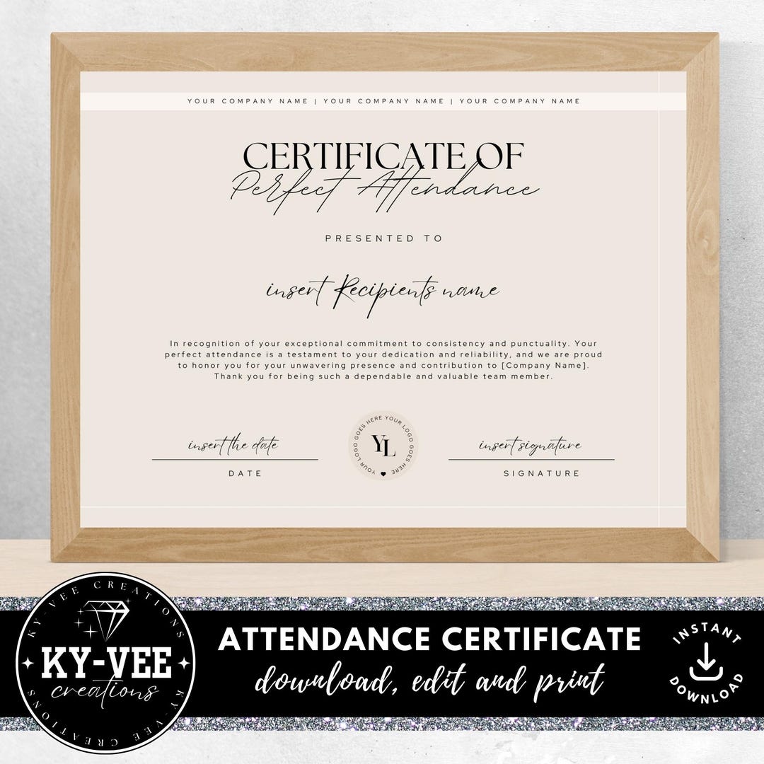 Certificate of Perfect Attendance Template, INSTANT DOWNLOAD, Editable ...