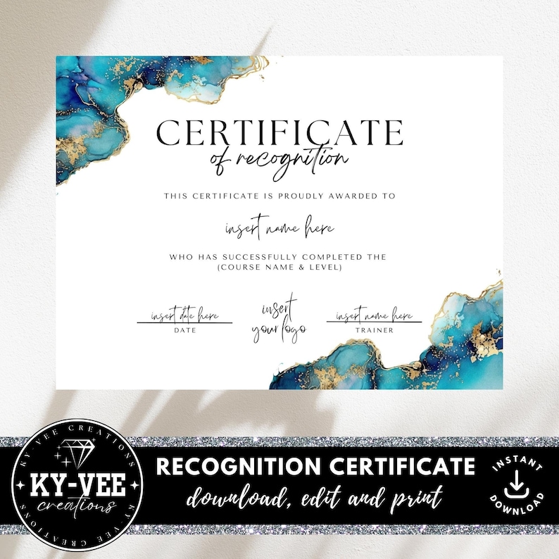Template for Certificate of Recognition With Blue and Gold Alcohol Ink ...