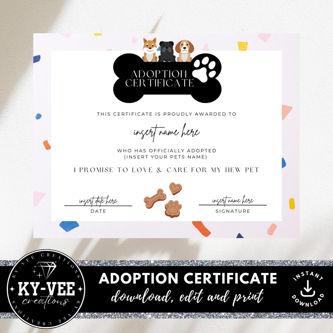 Pet Adoption Certificate Printable, INSTANT DOWNLOAD, Printable ...