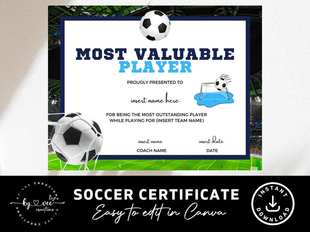 Soccer Most Valuable Player Certificate INSTANT DOWNLOAD - Etsy