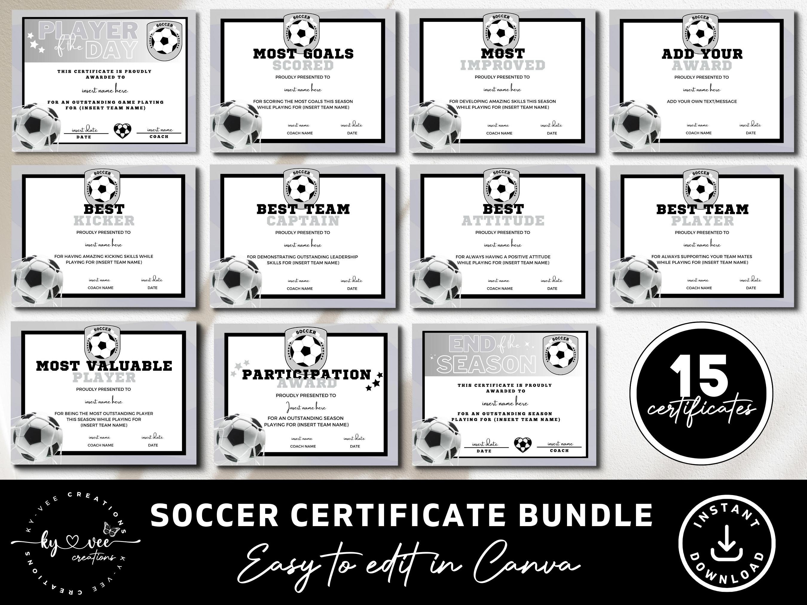 15 Printable Soccer Award Certificates INSTANT DOWNLOAD - Etsy