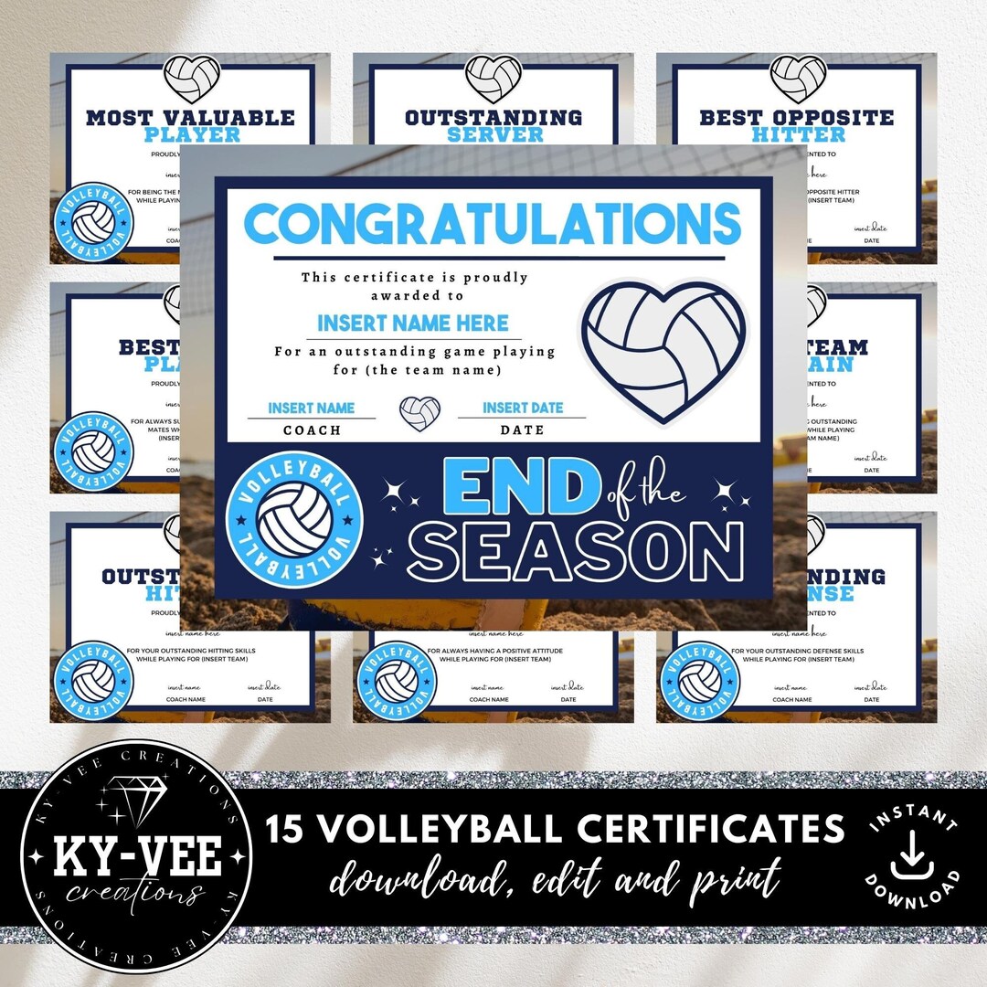 Volleyball Certificate Award Bundle, INSTANT DOWNLOAD, 15 Editable ...