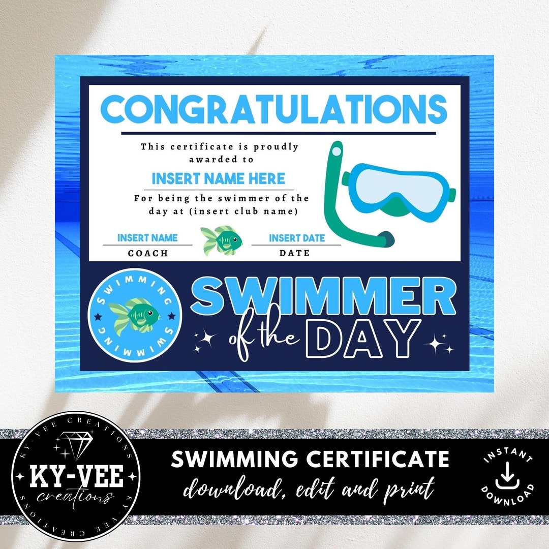 Swimming Certificate Template, INSTANT DOWNLOAD, Printable Swimmer of ...