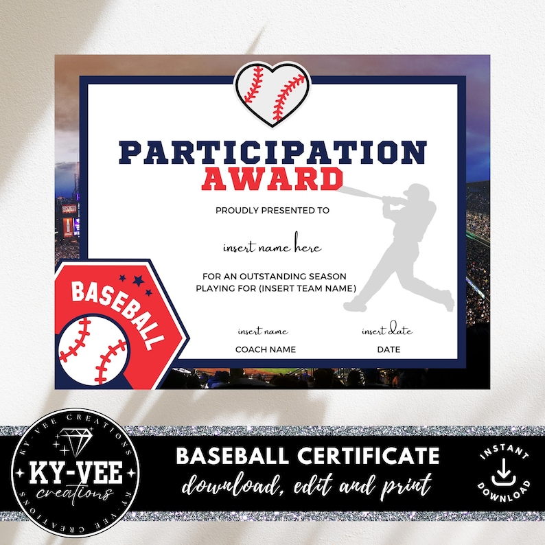 Editable Baseball Certificate Template, INSTANT DOWNLOAD, Printable ...