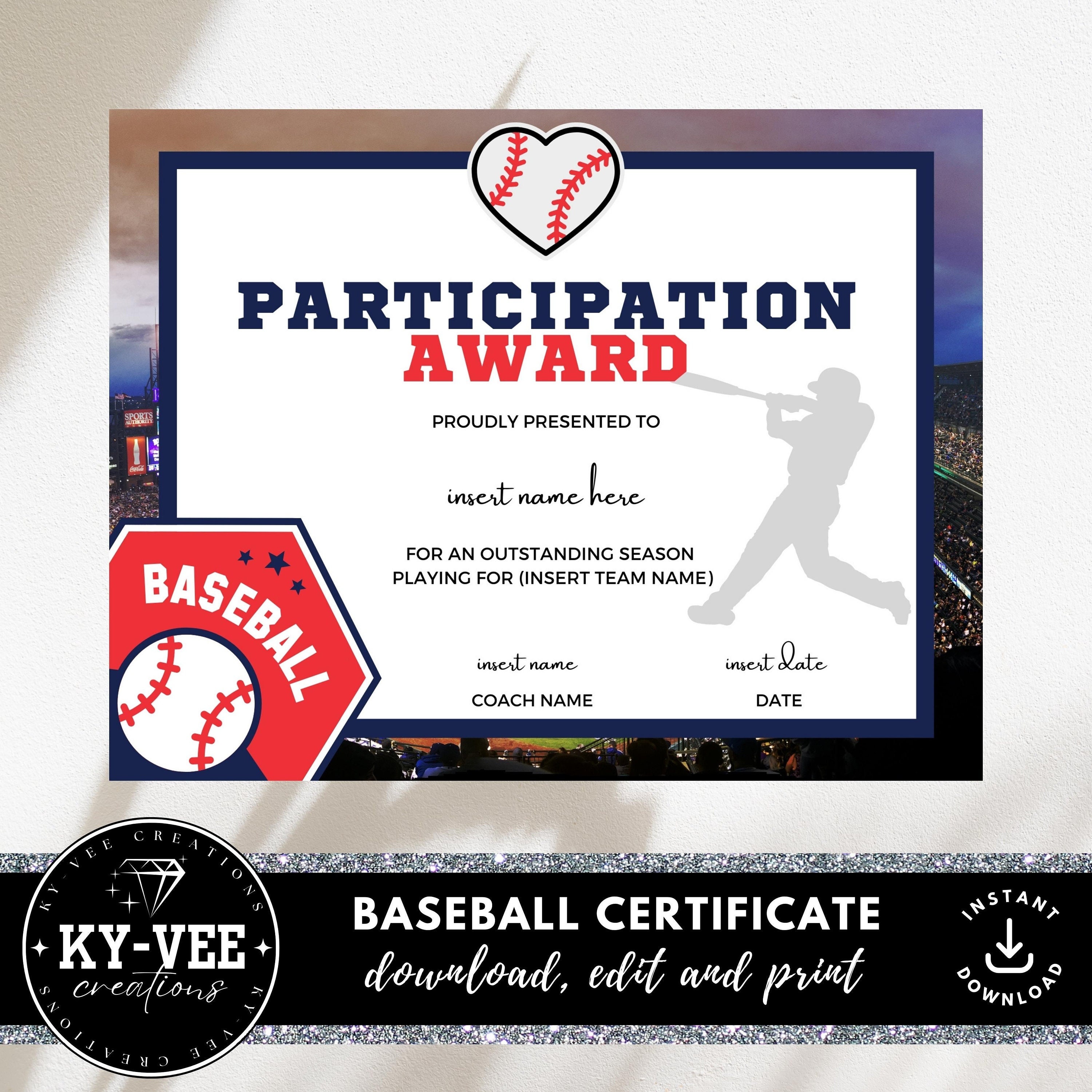 Editable Baseball Certificate Template, INSTANT DOWNLOAD, Printable ...