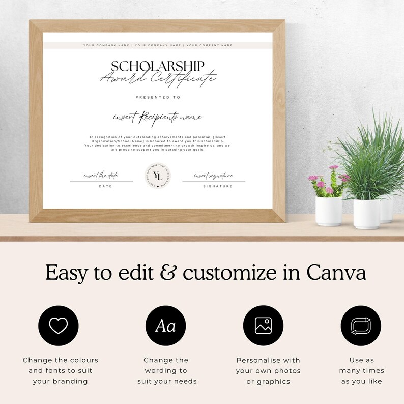Scholarship Award Certificate Template, INSTANT DOWNLOAD, Editable ...