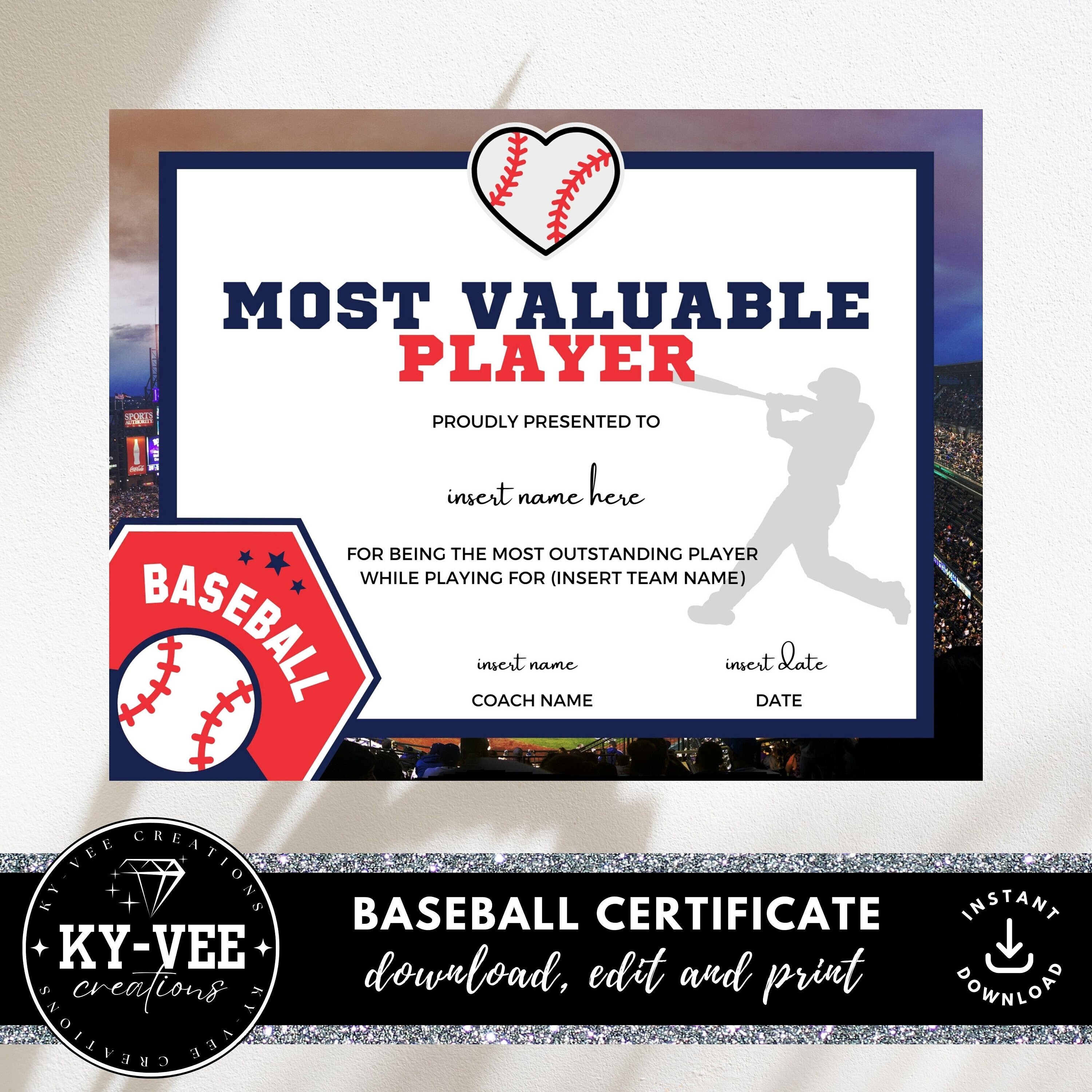 Little League Baseball Certificate, INSTANT DOWNLOAD, Most Valuable ...