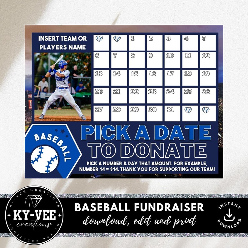 Pick a Date to Donate Baseball Editable Calendar Fundraiser Template ...
