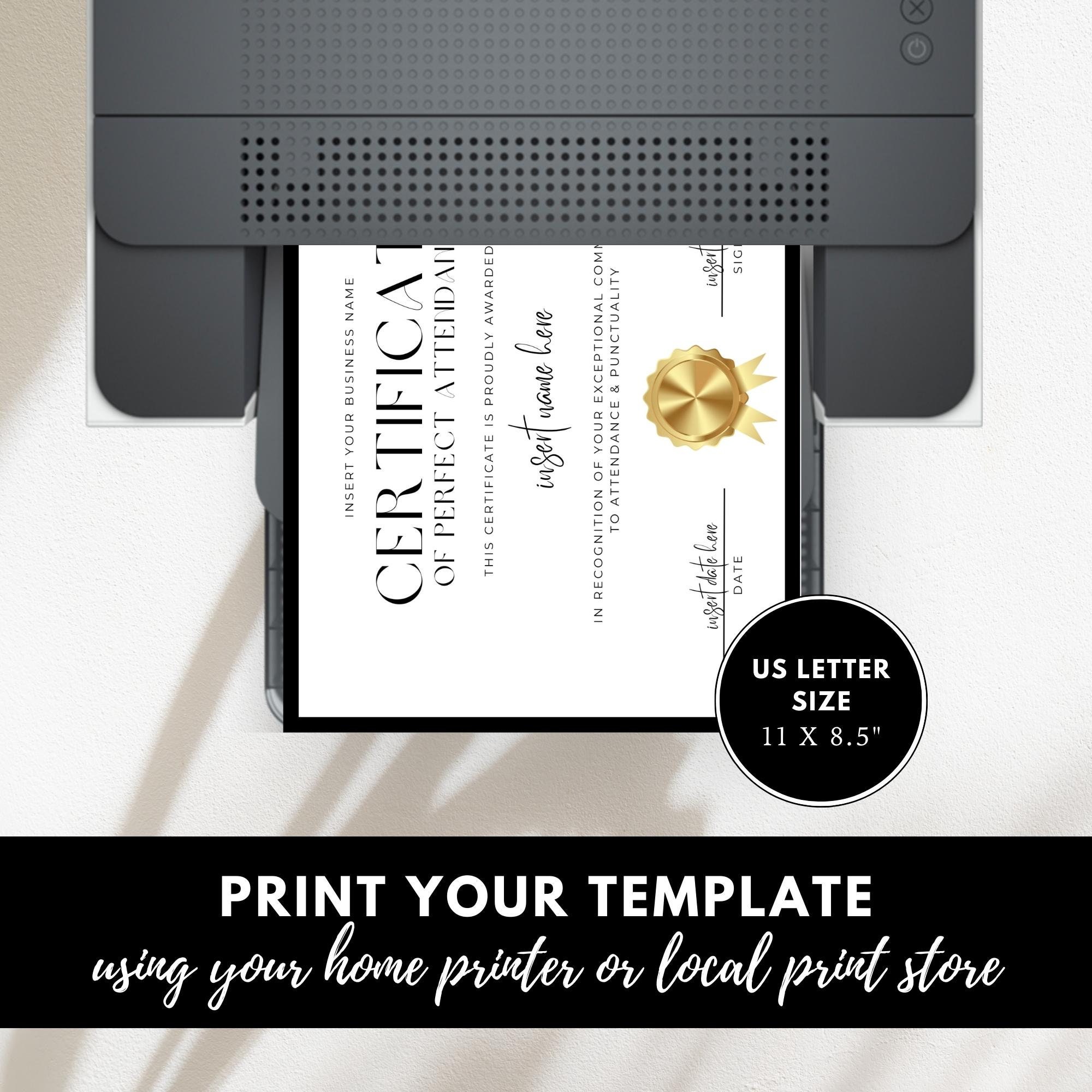 Certificate of Perfect Attendance Template, INSTANT DOWNLOAD, Editable ...