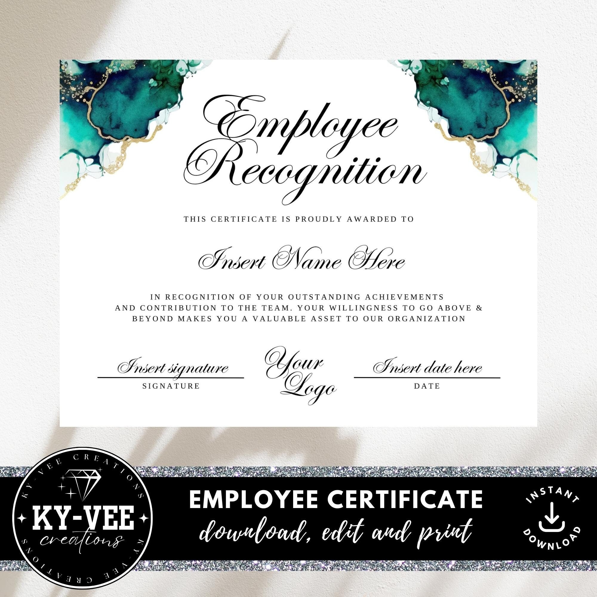 Employee Recognition Certificate Template, INSTANT DOWNLOAD, Printable ...