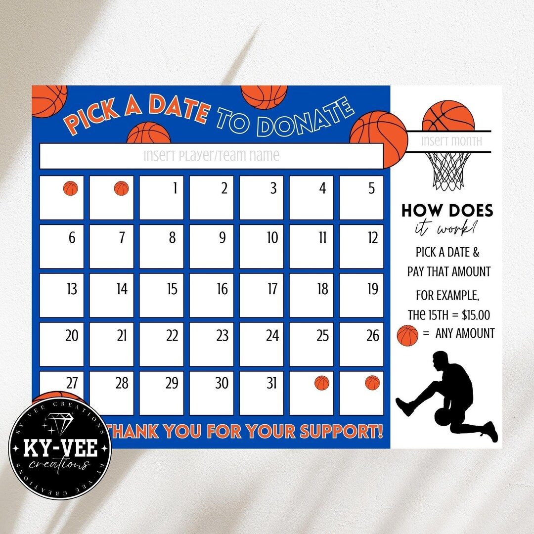Pick a Date Donate Basketball Calendar, Printable Bball Fundraiser, Pay ...
