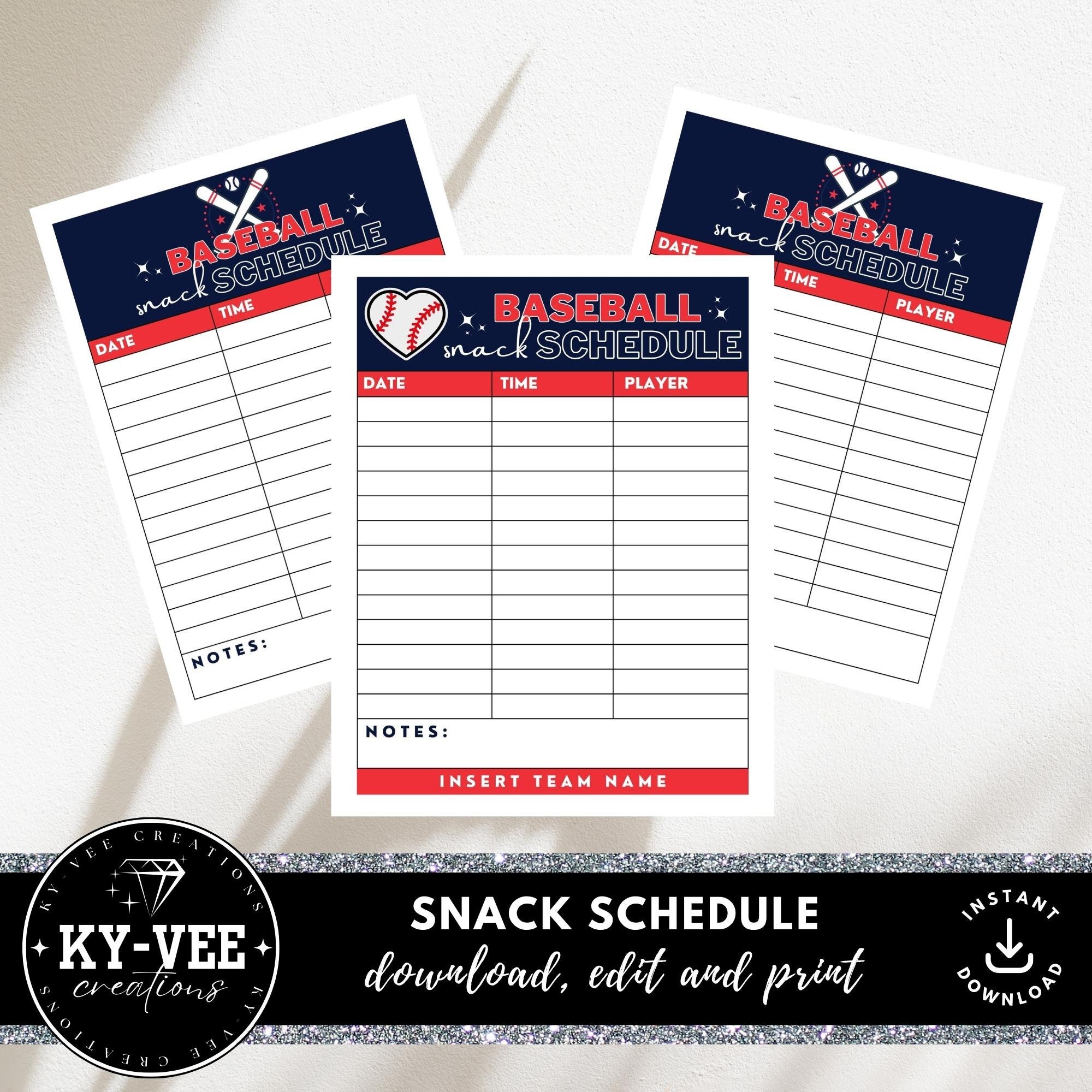 Printable Snack Schedule Template, INSTANT DOWNLOAD, Baseball Snacks ...
