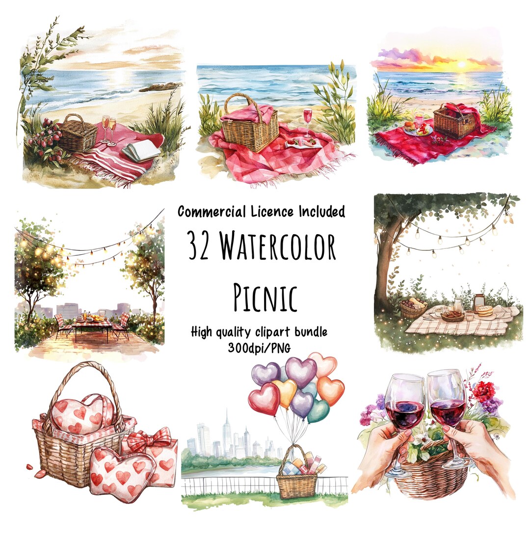 Watercolor Picnic Clipart Bundle, Beach Clipart, Fun Illustrations ...