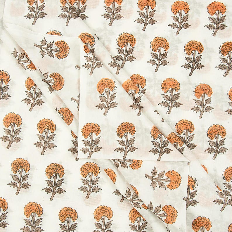 Hand Block Print Cotton Fabric | Orange Marigold Floral Print - Etsy