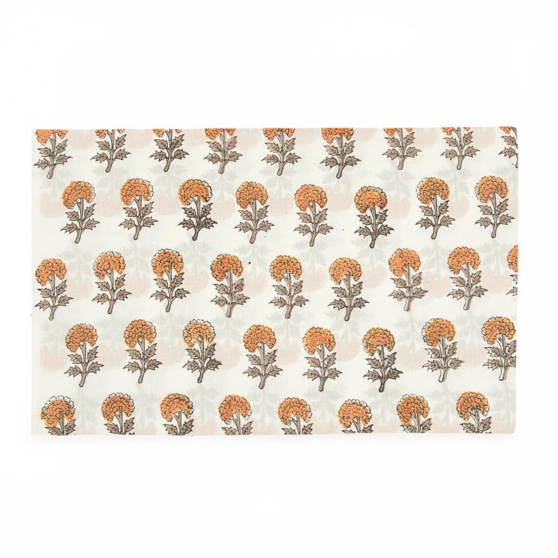 Hand Block Print Cotton Fabric | Orange Marigold Floral Print - Etsy