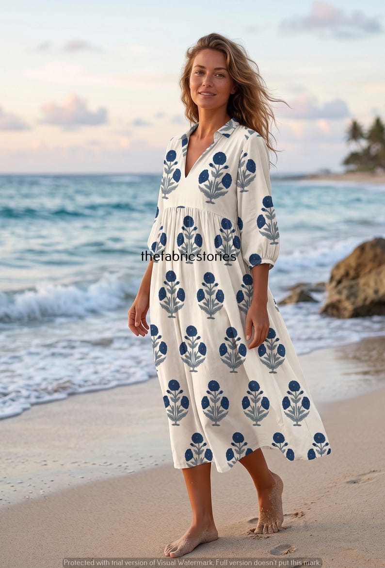 Hand Block Print Cotton Midi Dress, Bohemian Floral Summer Dress - Etsy