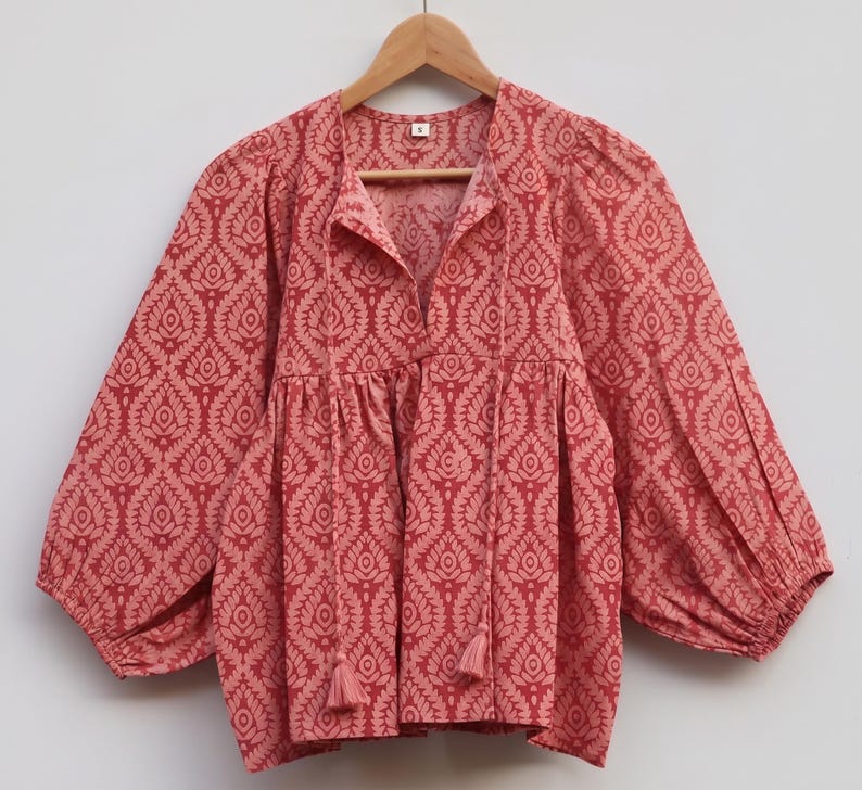 Hand Block Print Cotton Top: Floral Design Blouse With Long Sleeves - Etsy
