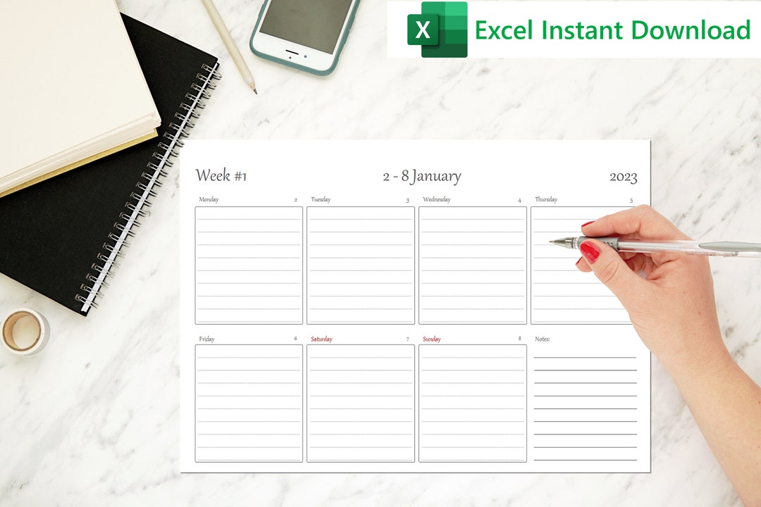 Perpetually Printable Digital (MS Excel-based) Weekly Planner. Shows ...