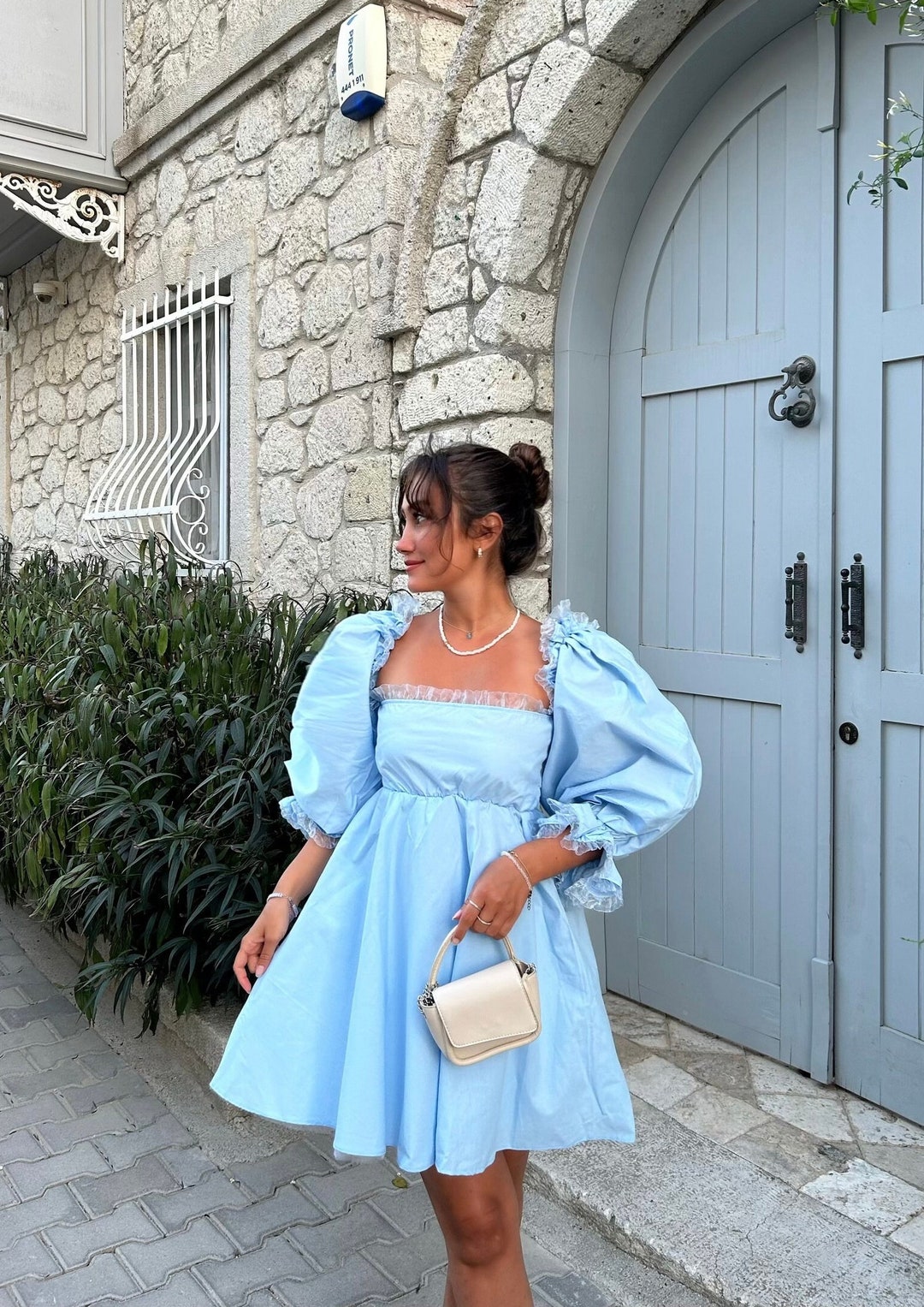 Blue Puff Dress Blue Dress Balloon Sleeve Balloon Sleeve Dress Puff ...