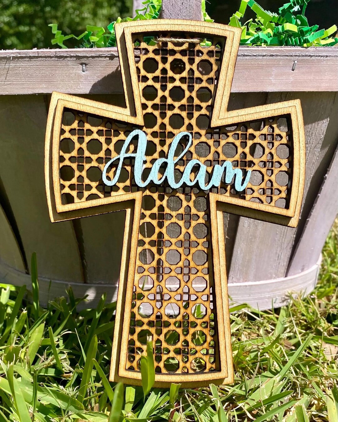 Personalized Rattan Cross Basket Tag | Custom Easter Basket Tag | Custom Easter Cross With Name ...