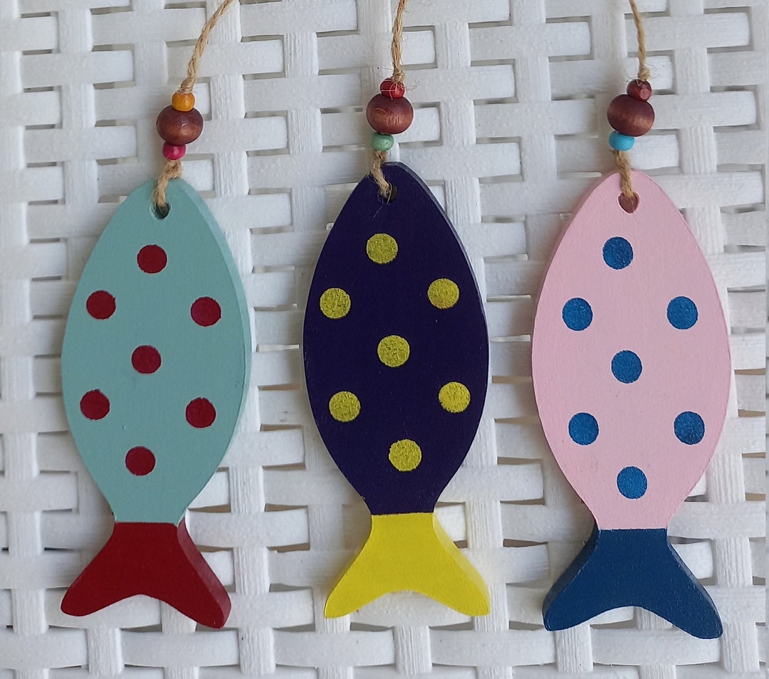 Wood Fish Set (3 Items),fish Ornament,polka Dot Fish,painted String of ...