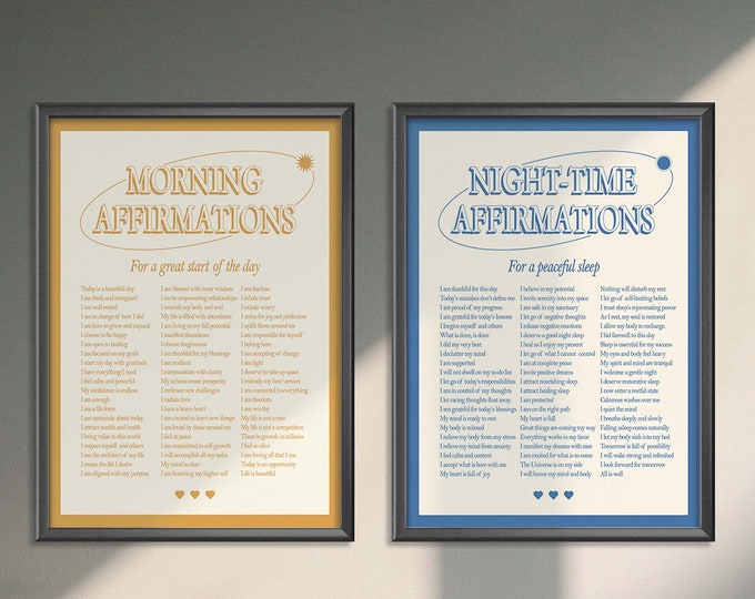 Positive Affirmations Poster, Set of 2, Retro Wall Print, Gratitude ...