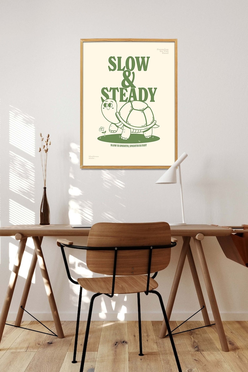 Slow and Steady Poster, Cute Retro Turtle Wall Art, Retro Quote Poster ...