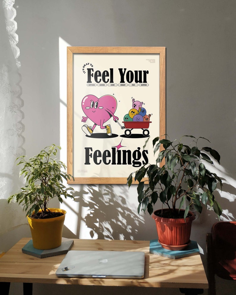 Retro Quote Wall Print, Feel Your Feelings Print, Emotions Poster, Self ...