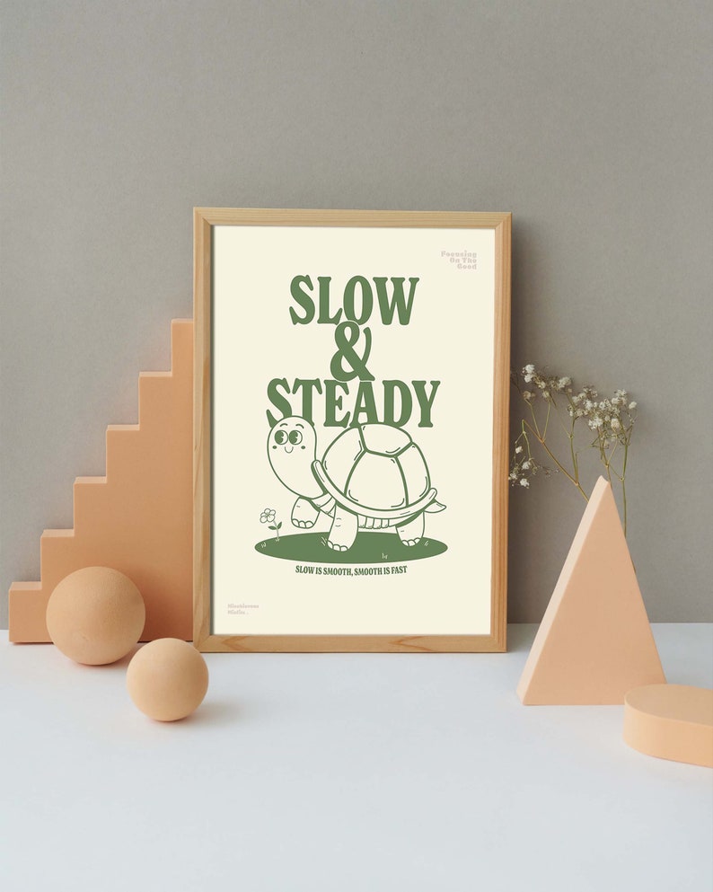 Slow and Steady Poster, Cute Retro Turtle Wall Art, Retro Quote Poster ...