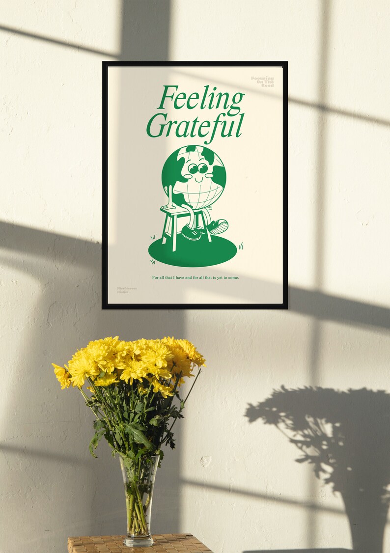 Gratitude Poster, Retro Quote Wall Art, Cute Earth Character, Mental ...