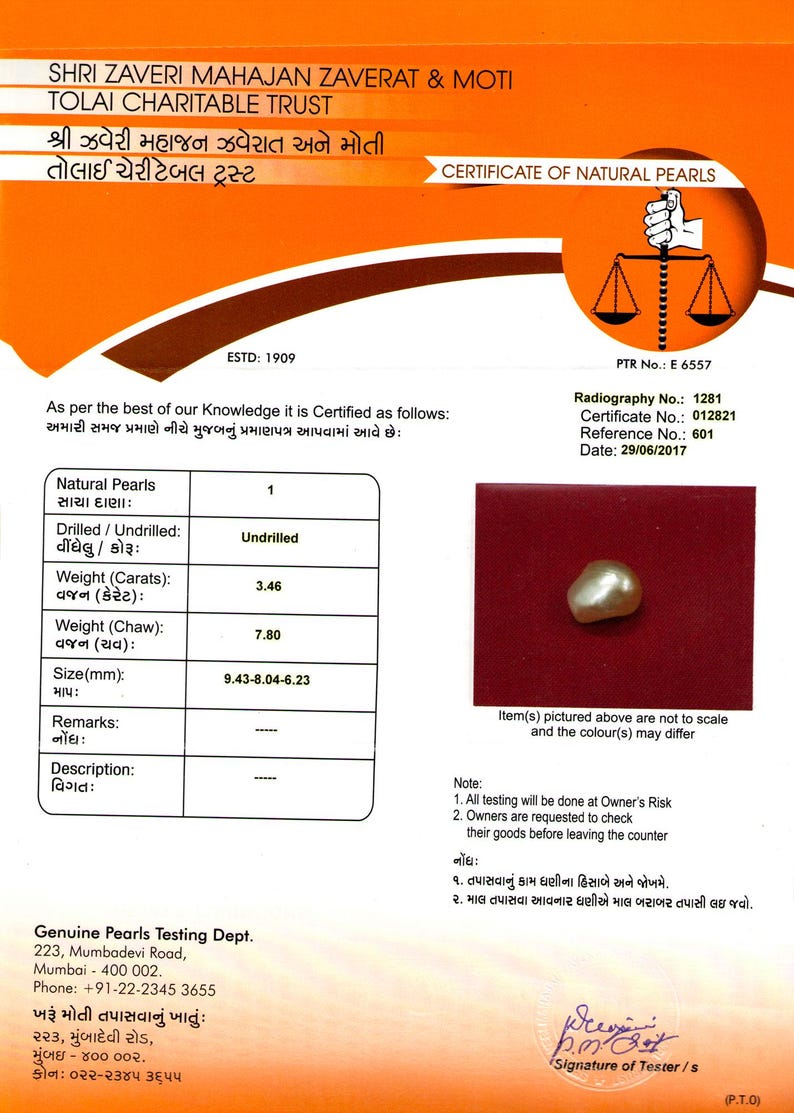 Perla de 3,46 ct. - Extraída en Venezuela - Certificada por GPTD ...