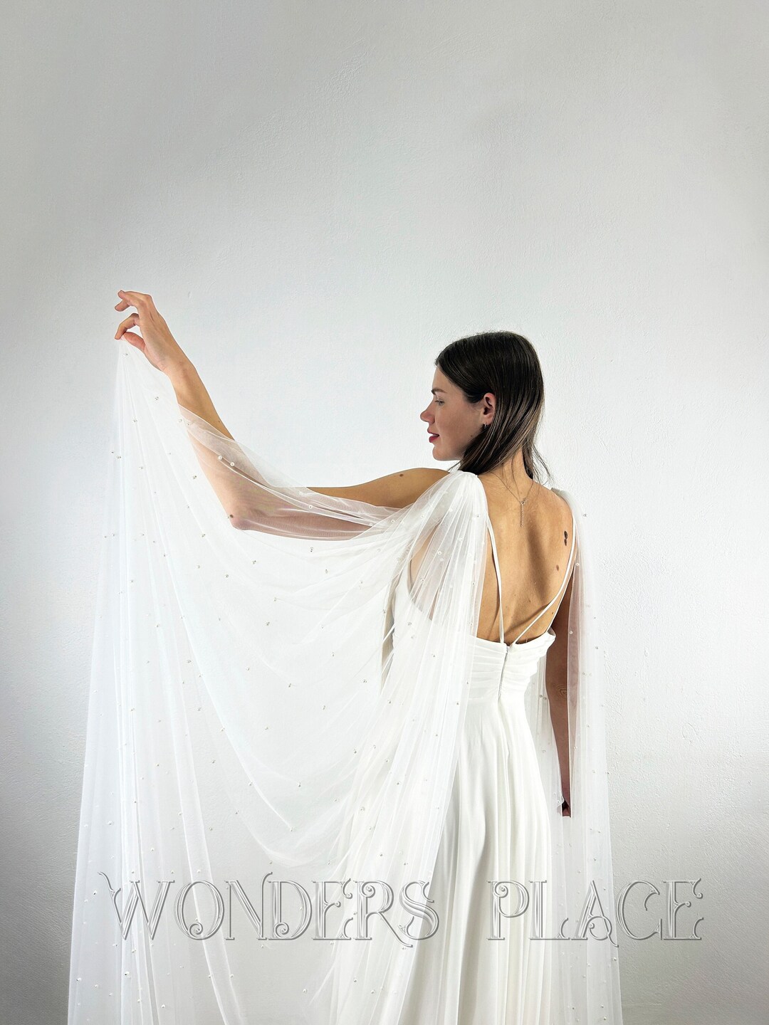 Angel Wing Veil: Long, Airy Bridal Shoulder Cape of Tulle and Pearls in ...