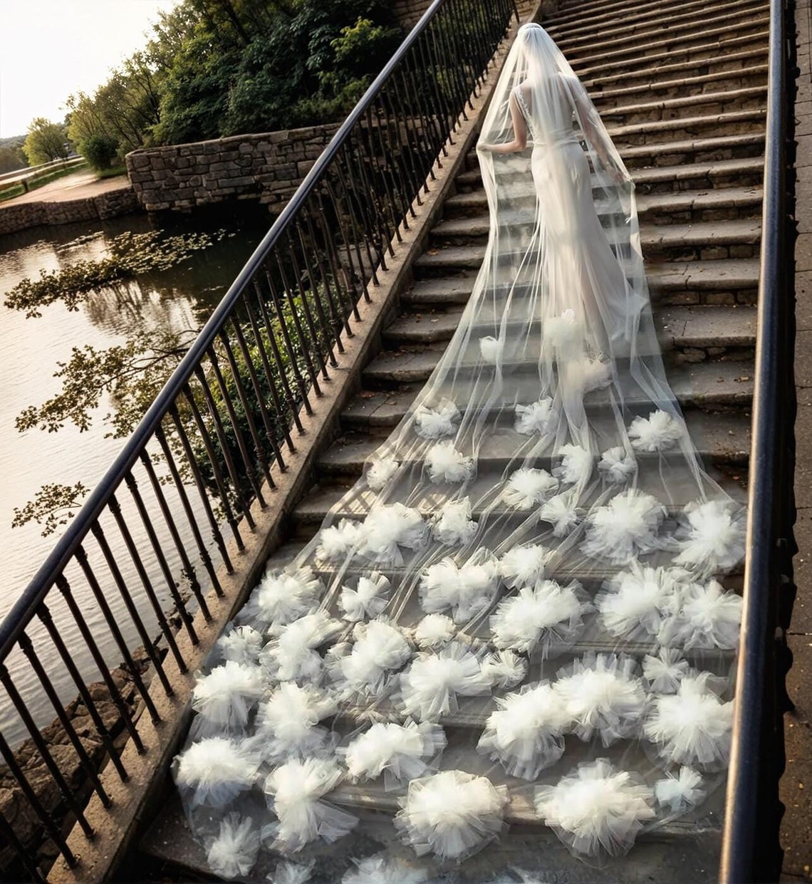 Elegant Long Cathedral Wedding Veil With Fluffy Tulle Flowers, Romantic ...