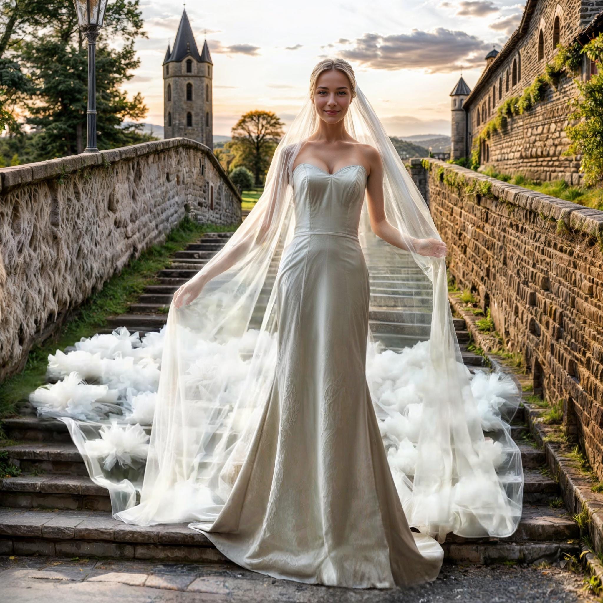 Elegant Long Cathedral Wedding Veil With Fluffy Tulle Flowers, Romantic ...