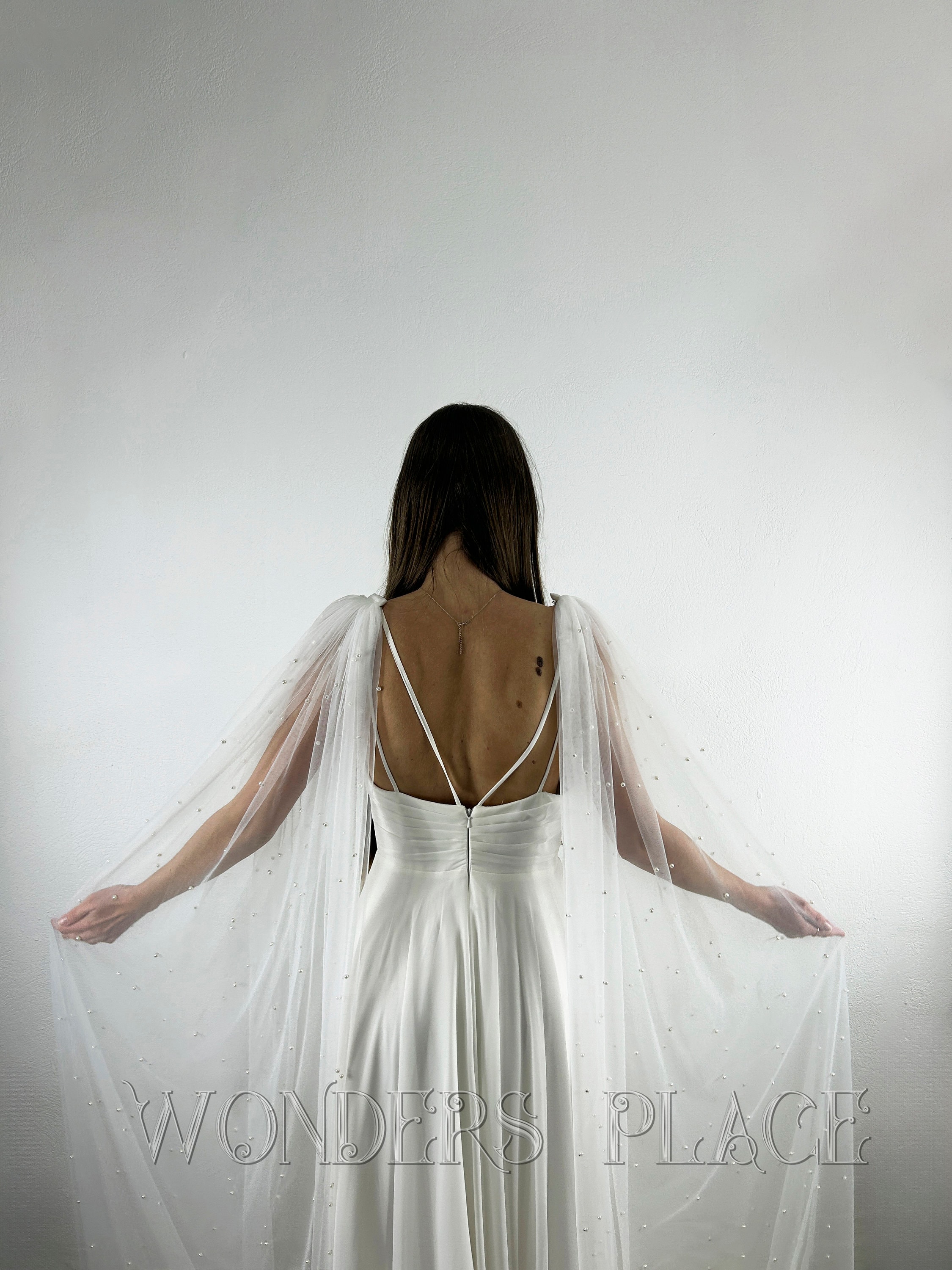 Angel Wing Veil: Long, Airy Bridal Shoulder Cape of Tulle and Pearls in ...